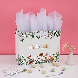 13" Large White Gift Bag Set with Greeting Card and Tissue Papers (Hello Baby Design) for Girls' Birthday Party, Baby Shower, Baby Girl or Boy, Women's Birthday Parties - 13”x5.2”x10.2”, 1 Pcs.