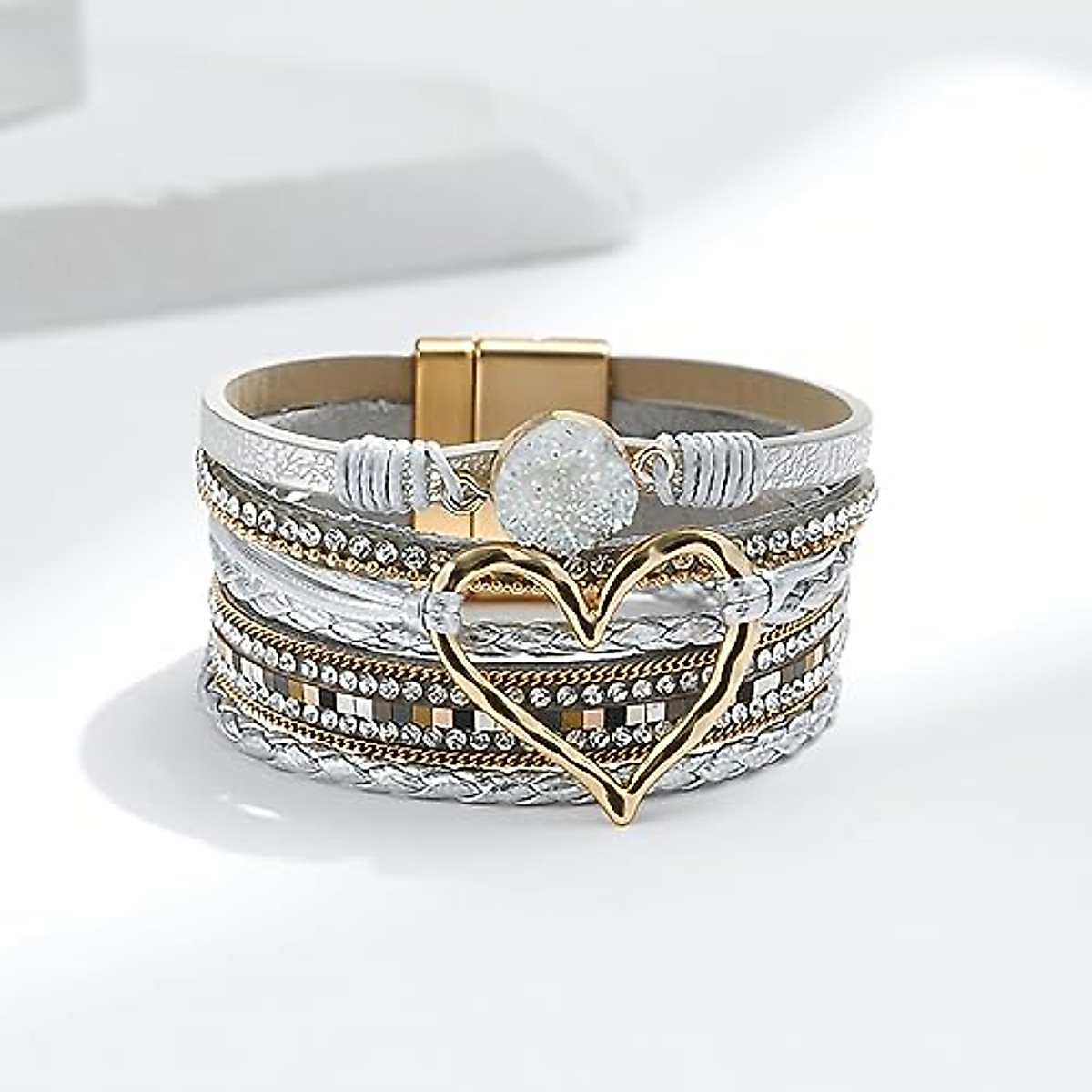 Fesciory Leopard Bracelet for Women, Boho Leather Wrap Multi-Layer Pearl Crystal Bracelet Bangle Jewelry (B33:Heart Leather(Silver))