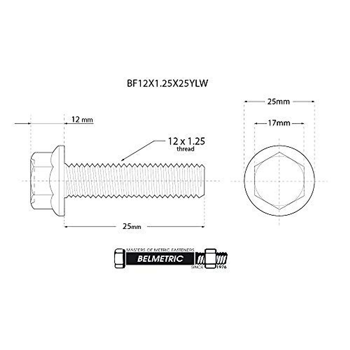 (5pcs) BelMetric M12X1.25X25mm JIS Hex Head Flange Bolt 17mm Wrench, Class 10.9 Plated Yellow Zinc for Automobile, Motorcycle, and Mechanical Applications BF12X1.25X25YLW