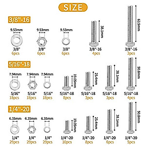 Hex Bolts Assortment Kit, VIGRUE 212PCS/53 Sets 1/4-20 5/16-18 3/8-16 Heavy Duty Bolts Screws Nuts Flat Spring Washers, Includes 10 Common SAE Sizes, 304 Stainless Steel