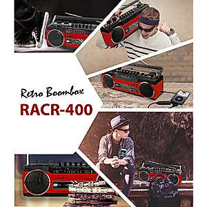 Riptunes Cassette Boombox, Retro Blueooth Boombox, Cassette Player and Recorder, AM/FM/SW-1-SW2 Radio-4-Band Radio, USB, and SD, RED