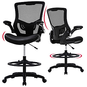 FDW Drafting Chair Mid-Back Mesh Tall Office Chair with Flip-Up Arms Desk Chair with Ergonomic Lumbar Support Foot Ring,Black