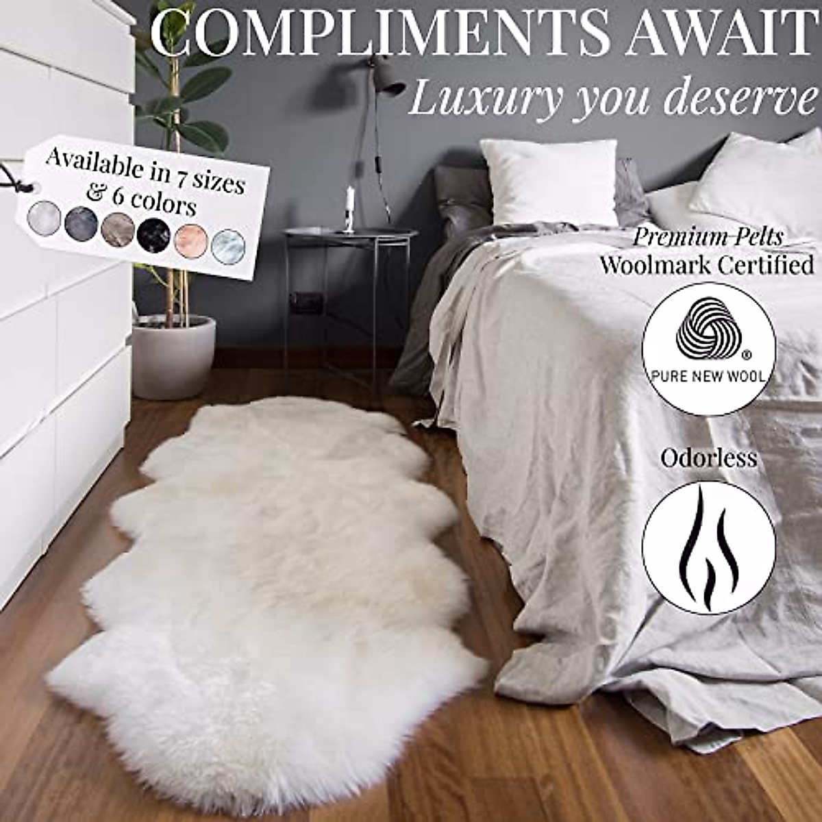 Outlavish Sheepskin Rug Genuine Fur, Luxury New Zealand Pelts, Naturally Silky Soft Lambskin, Thick & Fluffy, Long Runner for Bedroom & Living Area (2' x 6' Pearl White)