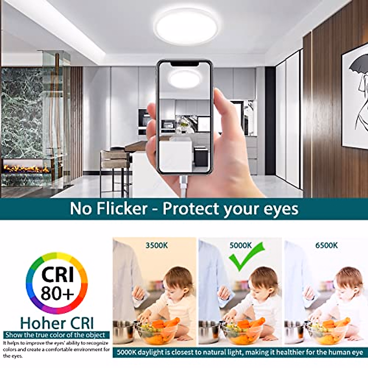 Glowall 9" White Led Ceiling Light Fixture, Ultra Thin Flush Mount, 5000K Daylight, 2250 Lumen, Modern, Round, for Kitchen, Bedroom, Hallway, Laundry, Bathroom, Garage (White, 1Pack)