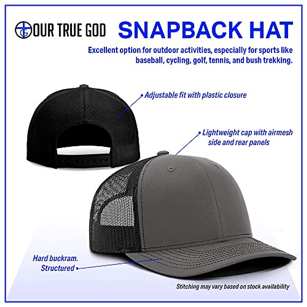 Our True God Faith Over Fear Back Mesh Hat Christian Inspirational Gift Baseball Cap (Charcoal Front Black Mesh) Medium-Large