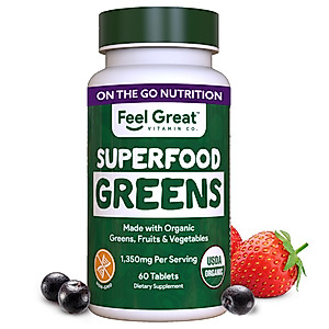 Feel Great Vitamins Super Greens Tablets | Organic Greens, Fruits and Veggies Supplement | Fruit and Veggie Supplement with Kale, Spinach Extract, Green Onion, and More, 60 Tablets