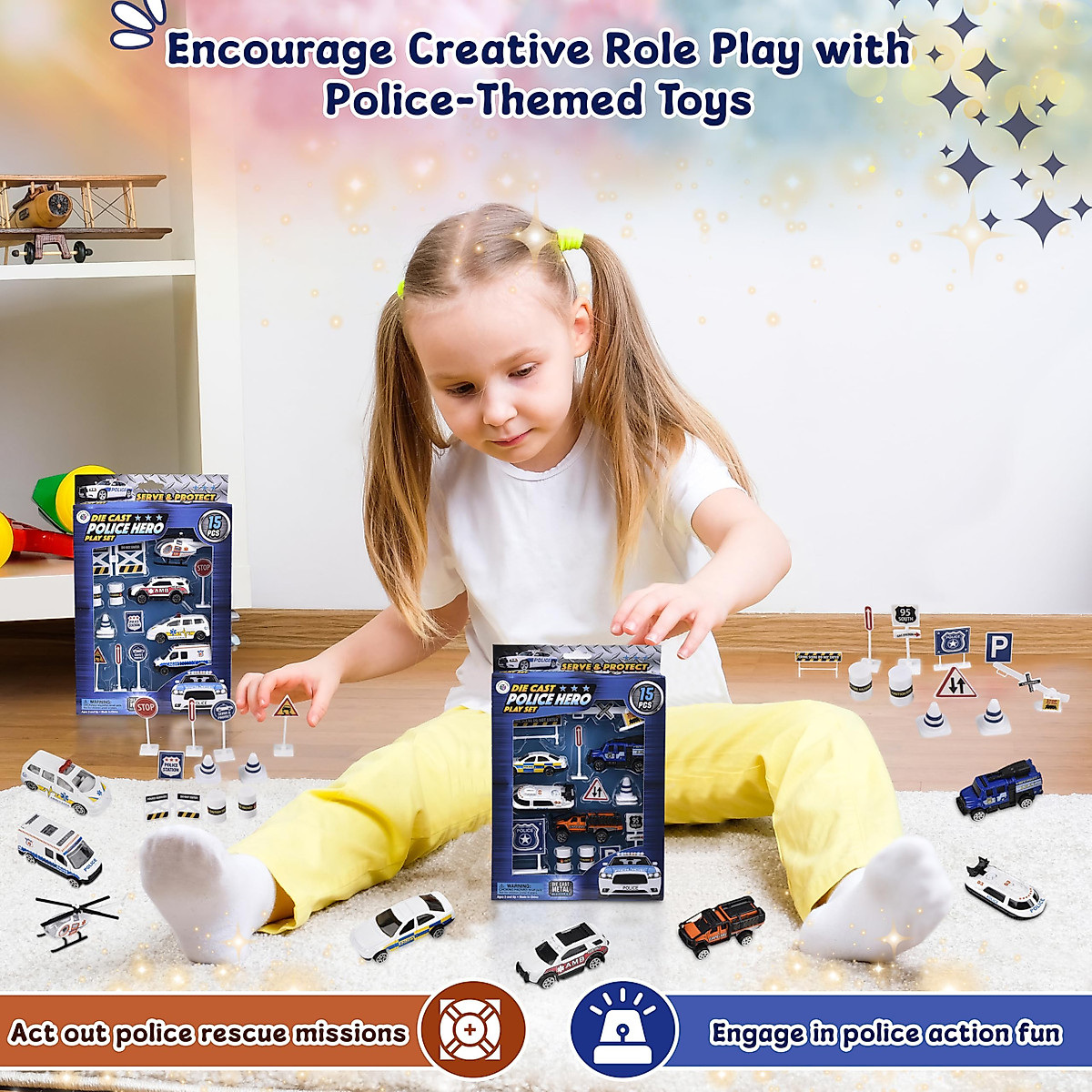 Playset, Forest & Twelfth Kids Set of 2 15pcs Die Cast Mini Police Car Toy Set for Kids & Toddlers, Promotes Creative Pretend Play, Skill Development, Fun All-Occasion Gift Idea (Police Playset)