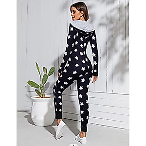 Ekouaer Christmas Onesie Women Sexy Pajamas Zipper Halloween One Piece Bodycon Outfit Jumpsuit Costume Star Print XXL