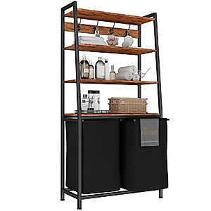 Furnulem 4 Tiers Laundry Hamper with Shelf and Hooks, Tall Laundry Basket Sorter with 2 Removable Laundry Bags, Ladder Shelves with Clothes Hamper for Laundry Room Bathroom Bedroom