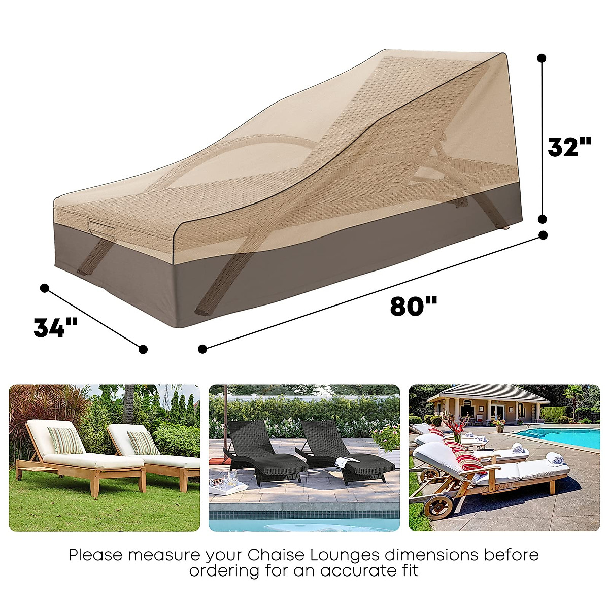 PatioGem Chaise Lounge Cover Outdoor Waterproof, Fade Resistant Lounge Chair Covers Waterproof Outdoor, Lounge Chair Cover, Durable&Thickened Chaise Lounge Cover of 600D Fabric, 80”Lx34”Wx32”H