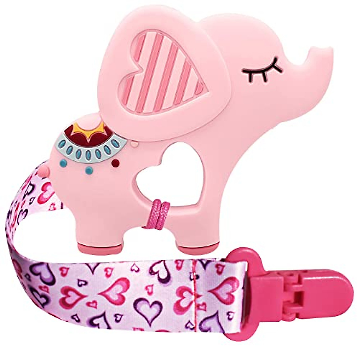BIGSPINACH 1 Soft Dinosaur Teether for Babies and 1 Baby Pacifier Clip, Valentines Day Gifts for Baby Girl Boy,Silicone Chew Toys for Baby (Pink Elephant)