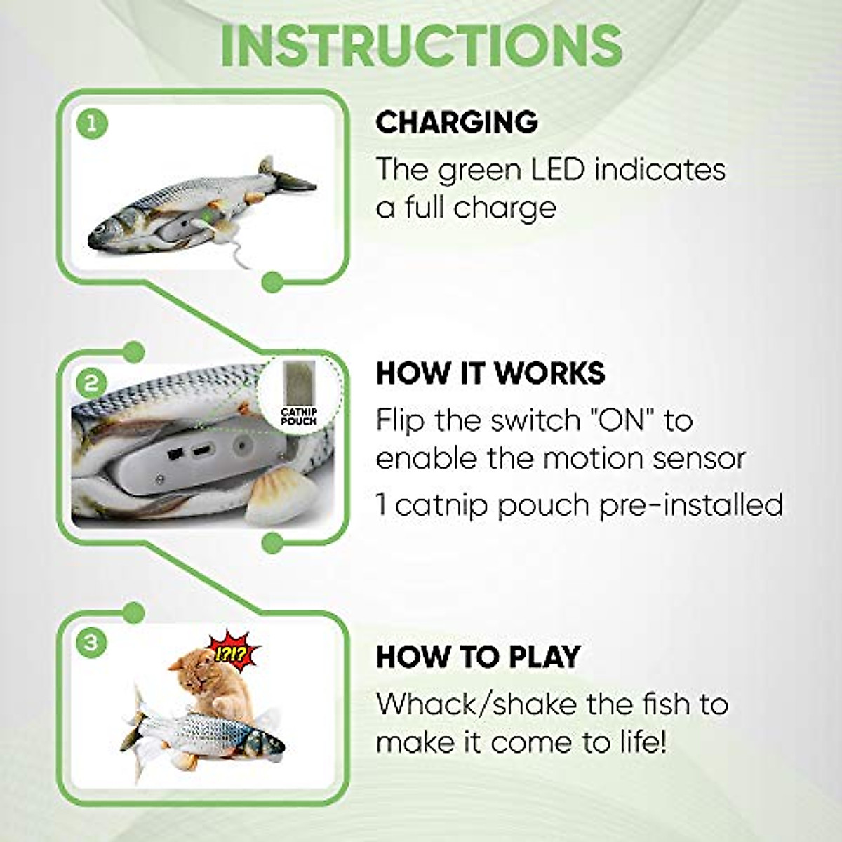 Flopping Fish Cat Toy - Interactive Floppy Fish Cat Kicker Toy with 2 Catnip Packets | Funny Moving Cat Toy for Excercise & Boredom | USB-Charged, Soft & Washable | Electric Fish Cat Toy Gift 12x5 in.