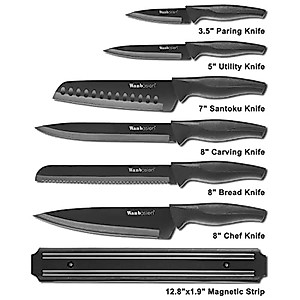 Wanbasion 7 Piece Black Sharp Knife Set for Kitchen, Stainless Steel Kitchen Knife Set, Chef Knife Set with Magnetic Strip and Cover for Meat Cutting