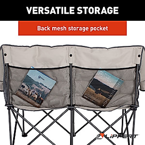 Lippert Campfire Folding Loveseat with 500-lb. Weight Capacity, Carry Bag, Durable Mesh Fabrics, High-Loft Cushioning, Storage Pocket, Dual Cupholders, Stemmed Wine Glass Holder (Sand) - 2021000205