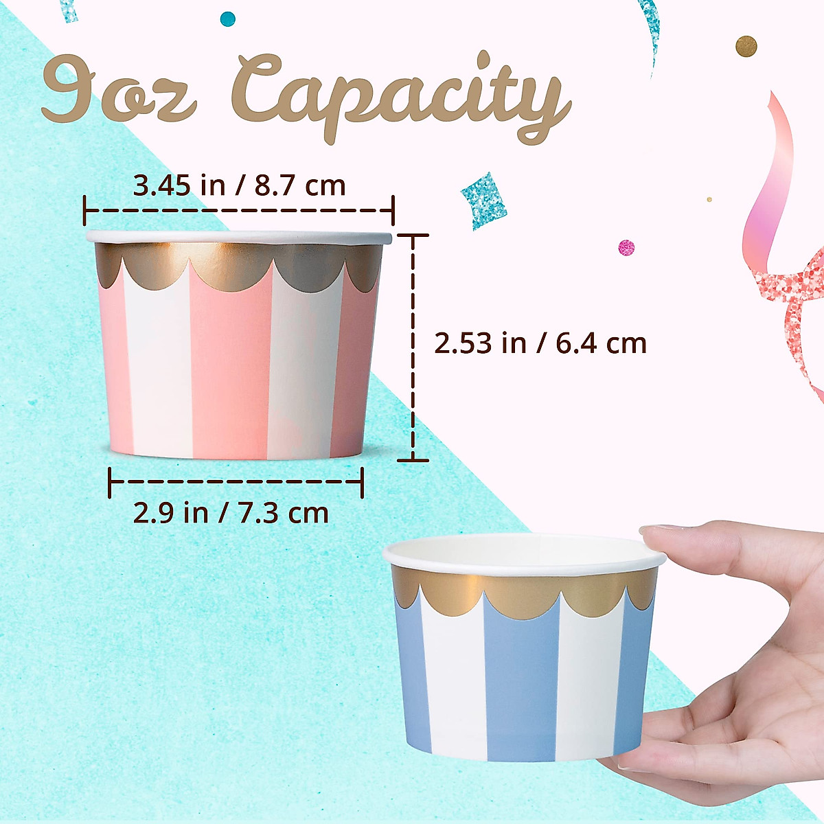 Paper Ice Cream Cups - 50-Count 9-Oz Disposable Dessert Bowls for Hot or Cold Food, 9-Ounce Party Supplies Treat Cups for Sundae, Frozen Yogurt, Soup, 5 Colors Pastel Stripes with Scalloped Gold Foil