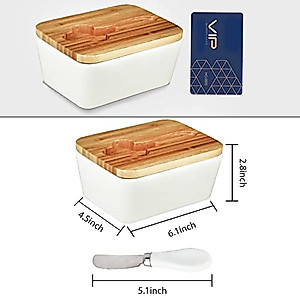 Butter Dish with Lids - OAMCEG Porcelain Ceramic Butter Container, Large Butter Keeper with Wooden Lid and Steel Knife, Airtight Butter Storage Container with Cover Holds Up to 2 Sticks of Butter