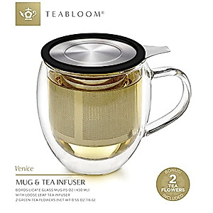 Teabloom Double-Wall Borosilicate Glass Mug with Stainless Steel Infuser and Lid – 15 OZ / 430 ML – 2 Gourmet Tea Flowers Included