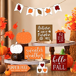 Sumind 15 Pcs Fall Tiered Tray Decor Set Hello Fall Decor Autumn Wood Signs Thanksgiving Orange Brown Table Signs Farmhouse Wooden Maple Pumpkin Gnomes Tabletop for Festival Home Decor(Autumn)