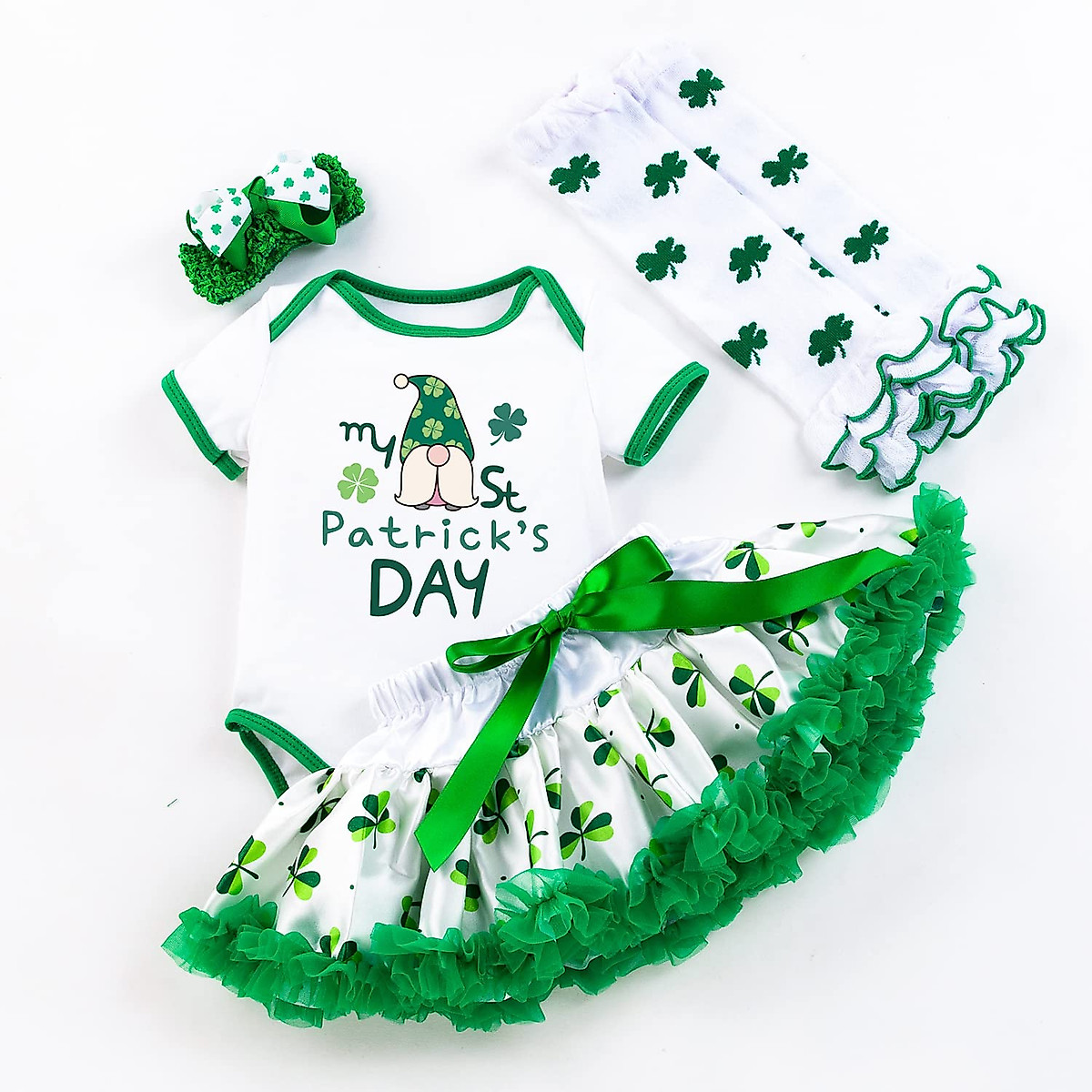AGQT Baby Girls 1st St.Patricks Day Outft Set Short Sleeve 4Pcs Green Shamrock Outfit Set Headband+Skirt+Outfit+Leg Warmer Size 6-12 Months(73)