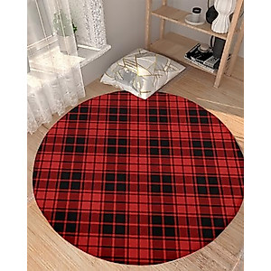 Christmas Fluffy Round Area Rug Carpets 3.3ft, Plush Shaggy Carpet Soft Circular Rugs, Non-Slip Fuzzy Accent Floor Mat for Living Room Bedroom Nursery Home Decor Buffalo Plaid Red Black Lattice