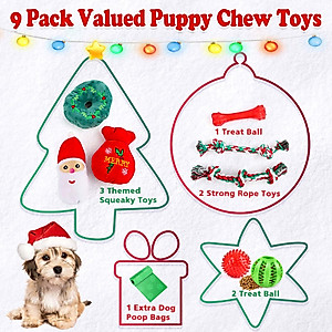 HOHOM Christmas Dog Toys, 9 Pack Luxury Puppy Chew Toy, Cotton Squeaky Plush Toys for Small Dogs, Durable Interactive Rope Treat Dog Ball and Bones, Rubber Teething Toys for Puppies Dogs
