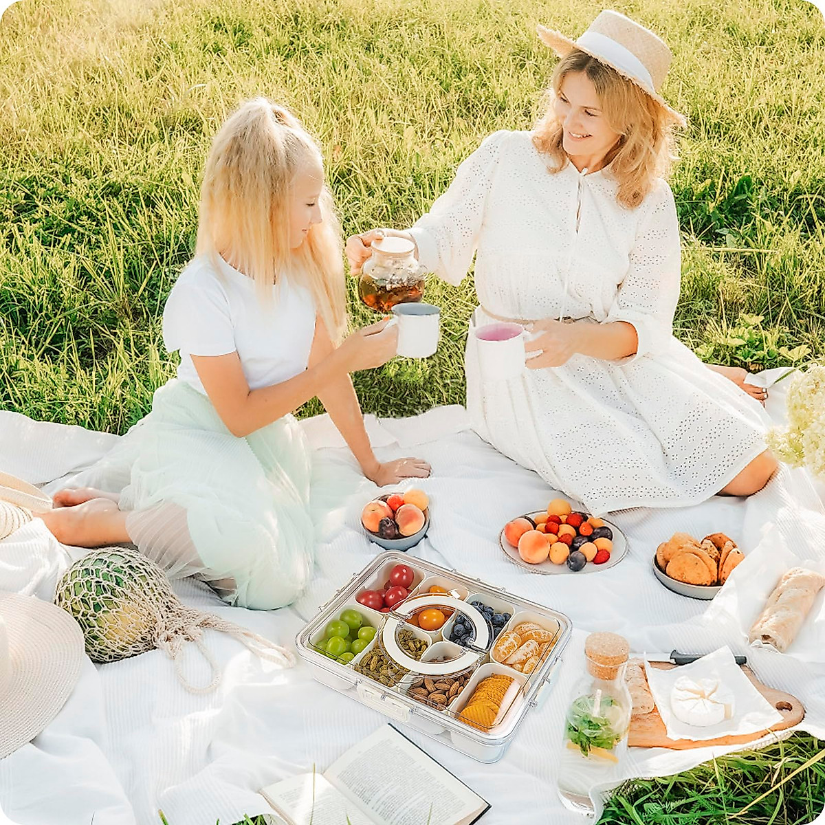 Snackle Box Container,Divided Serving Tray with Lid,Snack Boxes for kids/adults,Snack Tray for party/ travel/beach/ (with 4 Forks)