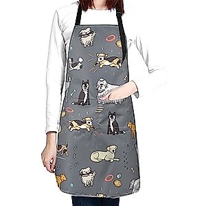 Perinsto Cute Dogs Animal (Dark Grey) Waterproof Apron With 2 Pockets Kitchen Chef Aprons Bibs For Cooking Baking Painting Gardening Grooming