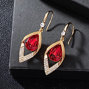 Austrian Crystal Teardrop Hollow Leaf Drop Dangle Earrings for Women 14K Rose Gold Plated Hypoallergenic Jewelry (Red)