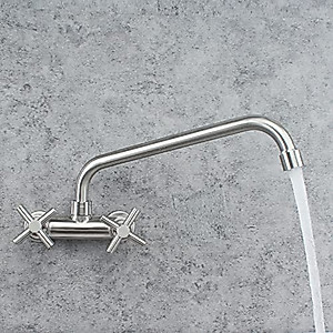 UMANYI Commercial Kitchen Faucets Wall Mount 4 inch Center Stainless Steel Brushed Nickel Utility Laundry Sink Faucet RV Faucet with 11 Inch Spout 2 Handle SSKF09-3C