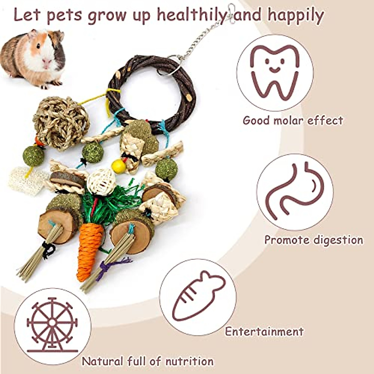 BNOSDM 2 PCS Rabbit Chew Toys for Bunnies Cage Hanging Guinea Pig Chewing Toys Rattan Ring with Snacks Natural Small Animals Teeth Grinding Toy for Hamster Chinchilla Ferret Hedgehog