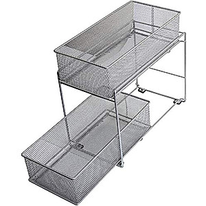 YBM Home Silver 2 Tier Mesh Sliding Spice and Sauces Basket Cabinet Organizer Drawer 2304