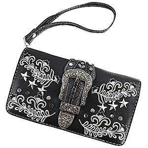 Justin West Buckle Western Floral Damask Embroidery Studs Stars Concealed Carry Handbag Purse (Black Purse Wallet Set)