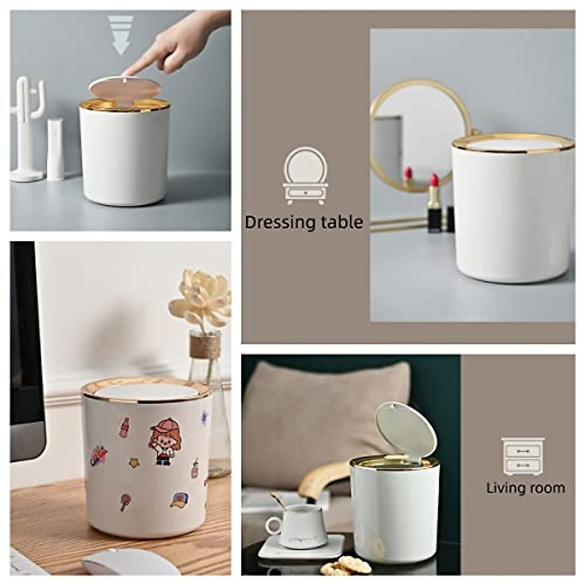 Mini Trash Can with Lid, -Wastebasket for Bathroom Vanity, Desktop, Tabletop Kitchen, Tabletopand Officeor Coffee Table - Dispose of Cotton Rounds, Makeup Sponges, Fruit Peel (White)