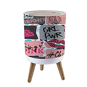Small Trash Can with Lid for Bathroom Kitchen Office Diaper hand drawn fashion girls Colourful modern teenagers graffiti elements Bedroom Garbage Trash Bin Dog Proof Waste Basket Cute Decorative