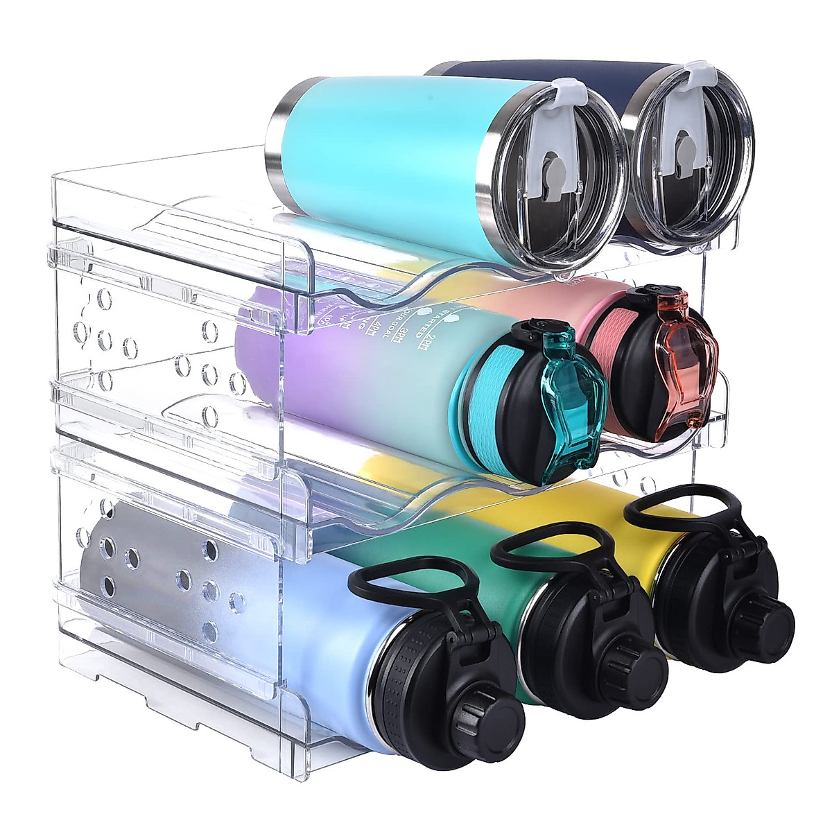 Yipaga Water Bottle Organizer for Cabinet, 3 Pack Stackable Kitchen Pantry Organization and Storage Shelves, Plastic Water Bottle Holder for Fridge Wine Drink Racks Tumbler Travel Mug Cup Organizer