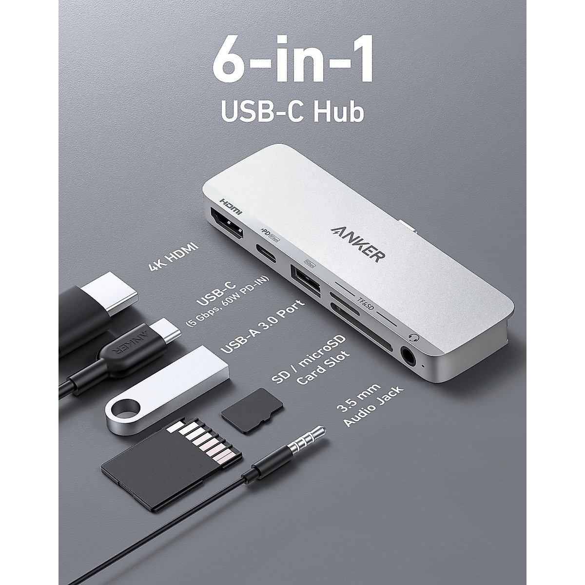 Anker USB-C Hub for USB-C iPad, 541 USB-C Hub (6-in-1) with 4K HDMI Port, Multi-Function USB-C Port, SD and microSD Card Slots, for iPad Pro 5th Gen/iPad Air 5th Gen/iPad Mini 6th and Later (Silver)