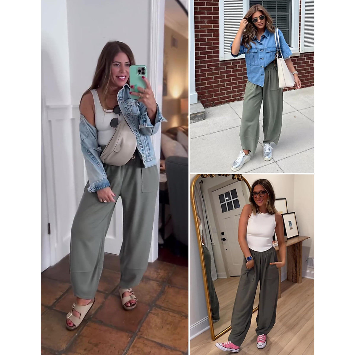 Xiaoxuemeng Womens Baggy Wide Leg Pants Casual Elastic Waisted Palazzo Harem Pants with Pockets (Green-M)