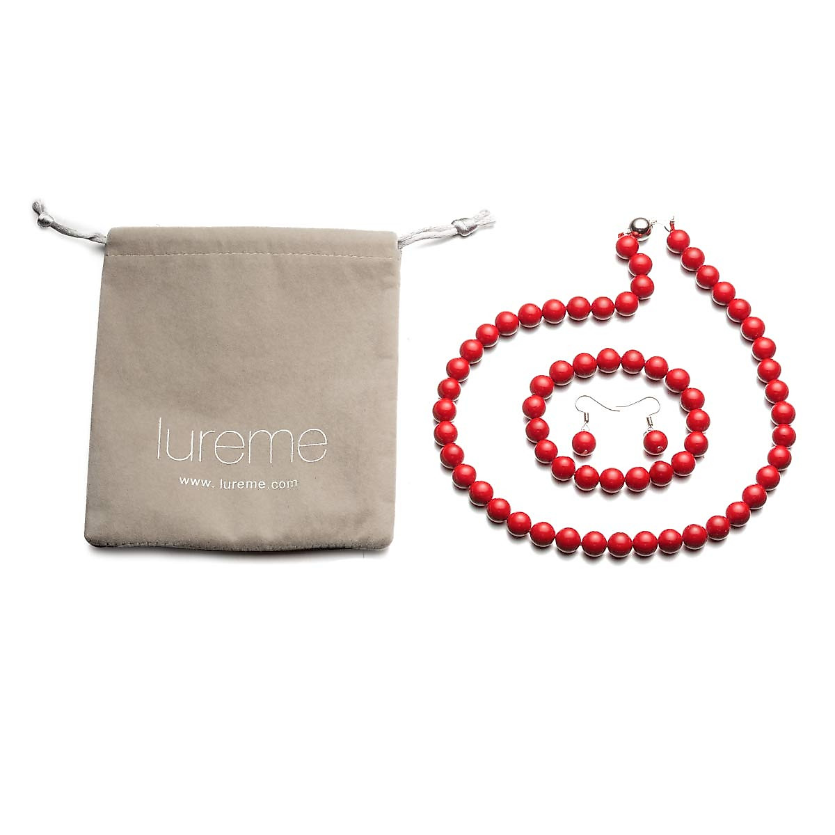 LUREME Fashion Style Pearl Elastic Necklace Bracelet Dangle Earring Set-Red(09000649-7)