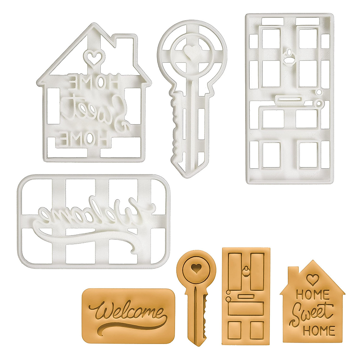 Set of 4 Housewarming cookie cutters (Home Sweet Home, House Door, House Key, and Welcome Mat), 4 pieces - Bakerlogy