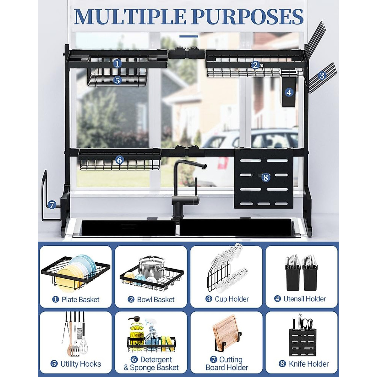 Kitsure Dish Drying Rack - Adjustable & Space-Saving Dish Rack（29.5-35.5in）, Over-The-Sink Dish Drying Rack, Multifunctional Kitchen Dish Drying Rack, Stainless Steel Dish Drying Rack