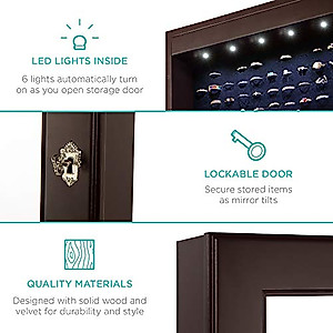 Best Choice Products 6-Tier Full Length Standing Mirrored Lockable Jewelry Storage Organizer Cabinet Armoire w/ 6 LED Interior Lights, 3 Angle Adjustments, Velvet Lining, Espresso