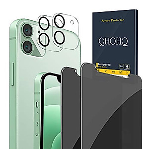 QHOHQ 2 Pack Privacy Screen Protector for iPhone 12 6.1" with 2 Packs Camera Lens Protector,Full Screen Tempered Glass Film,9H Hardness Anti-Shatter, Anti Spy, Touch Sensitive - Case Friendly
