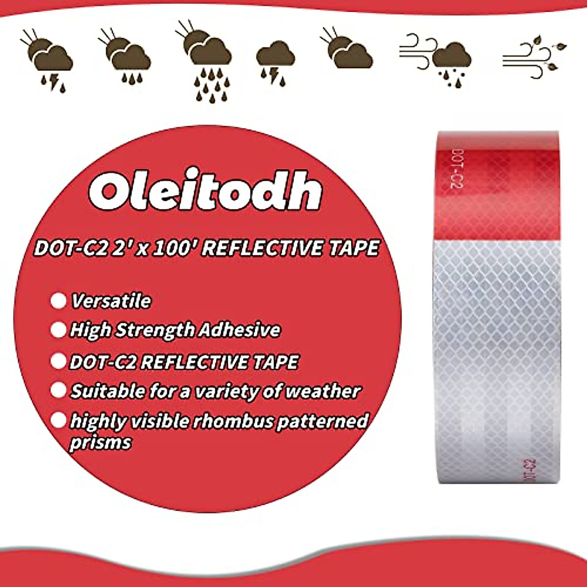 DOT-C2 Reflective Tape 2 in X 600 FT, Dot Safety Warning Tapes Bulk, Red White Waterproof Self Adhesive Trailer Tape Outdoor Caution Reflector Conspuicy Tape for Vehicles Boat Sign 6 Roll(2'' X 100FT)