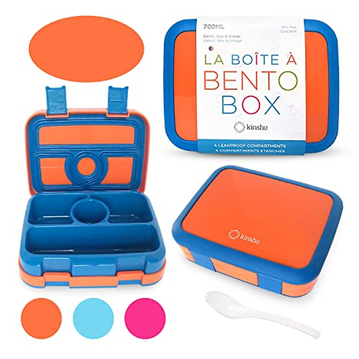 kinsho Bento Lunch Box for Kids Toddlers Boys, 5 Portion Sections Secure Lid, Microwave Safe BPA Free Removable Tray, Pre-School Kid Daycare Lunches Snack Container Ages 3 to 5, Blue Orange