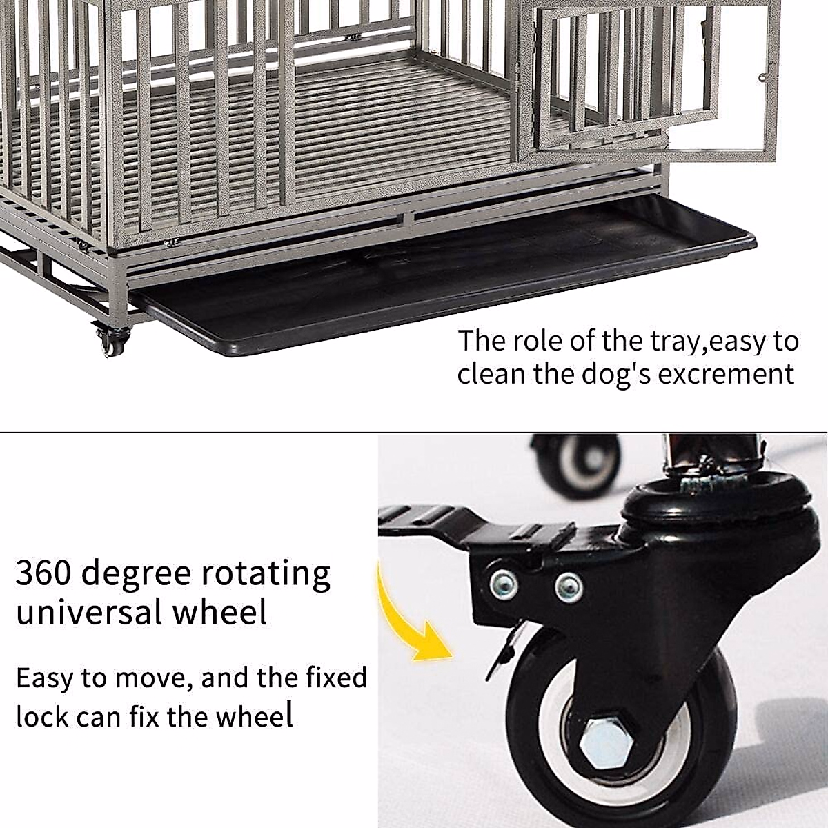 KELIXU 38” Heavy Duty Dog Crate Large Dog Cage Metal Dog Kennels and Crates for Large Dogs Indoor Outdoor with Locks, Lockable Wheels and Removable Tray, Easy to Install, Black