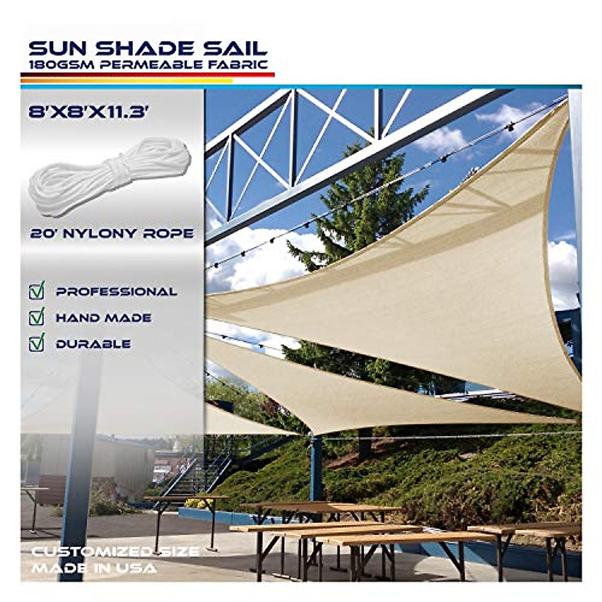 Windscreen4less 8' x 8' x 11.3' Triangle Sun Shade Sail - Beige Durable UV Shelter Canopy Fabric Cloth Screen Water Permeable & UV Resistant for Patio Outdoor Backyard
