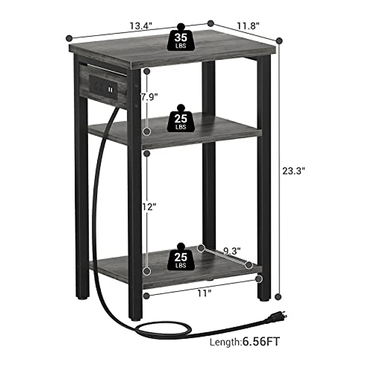 Cyclysio End Table Set of 2 with Charging Station, 3 Tier Small Nightstand with Storage Shelf, Slim Side Table with USB Ports & Outlets, Modern Sofa Bedside Table for Bedroom, Living Room, Gray Oak