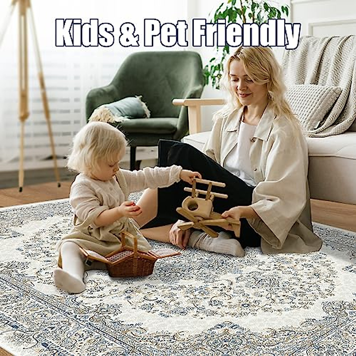 8x10 Area Rugs for Living Room: Large Machine Washable Area Rug with Non Slip Backing Neutral Farmhouse Rug Thin Floral Print Indoor Carpet for Under Dining Table Home Office Multi