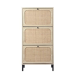 Yoluckea Rattan Shoe Cabinet, Shoe Cabinet Rack with Natural Rattan Weave Doors Design and 3 Flip Down Drawers, Narrow Shoe Cabinet with Metal Legs, Freestanding Wood Shoe Organizer (Light Brown2)