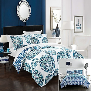 Chic Home Blue Reversible Bed in a Bag Duvet Cover Set, Full/Queen Size (3 Piece), Ibiza - Medallion Boho Pattern Microfiber Bedding with Geometric Printed Backing - Duvet & Pillow Shams